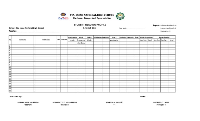 Student Reading Profile: Sta. Irene National High School | PDF