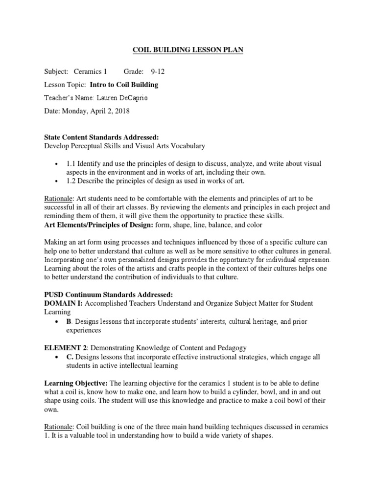 Intro to Coil Building Techniques | PDF | Pottery | Lesson Plan