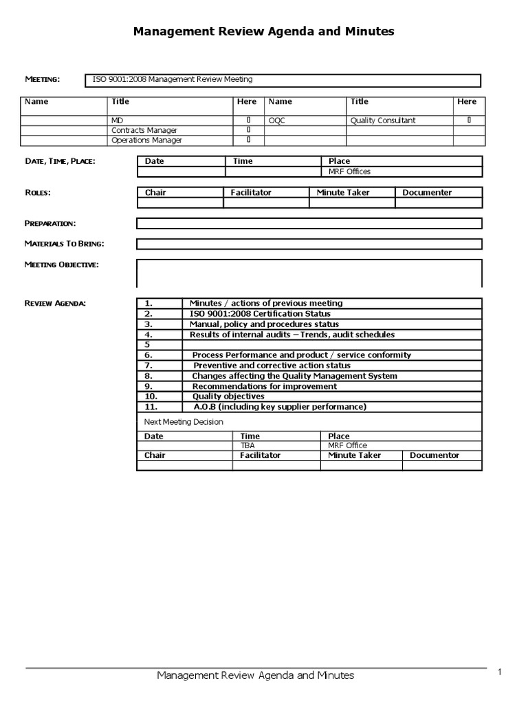 Management Review Agenda and Minutes | PDF | Iso 9000 | Audit