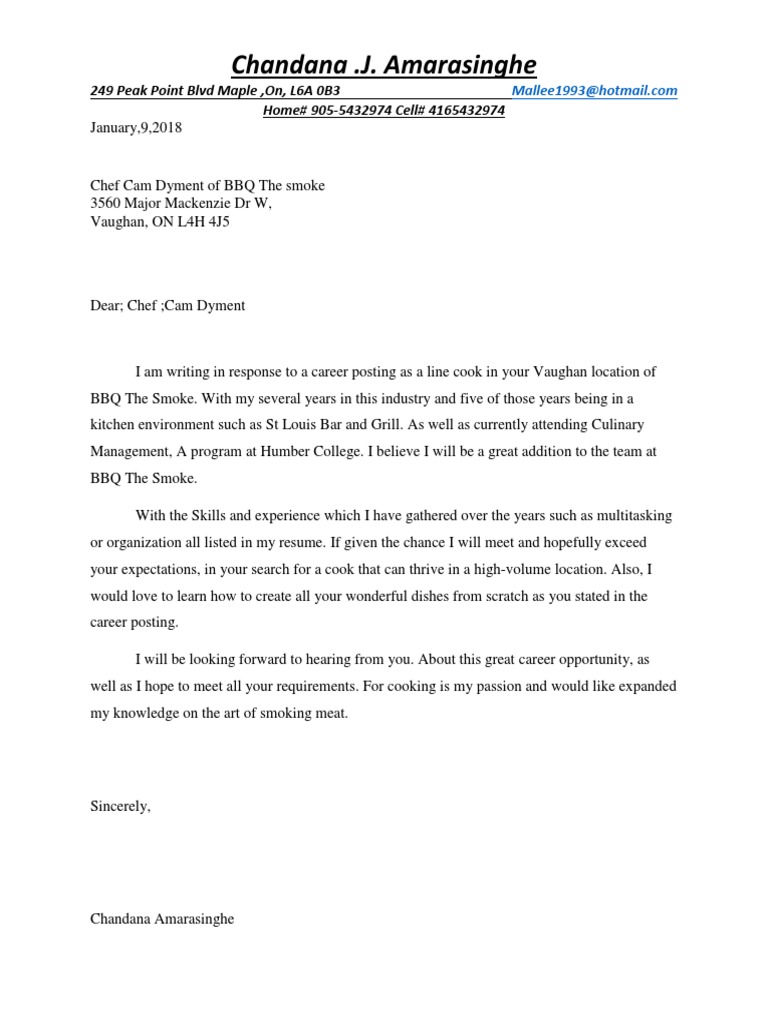 Humber College Cover Letter Resuma Thank You Leter Draft | PDF | Chef ...