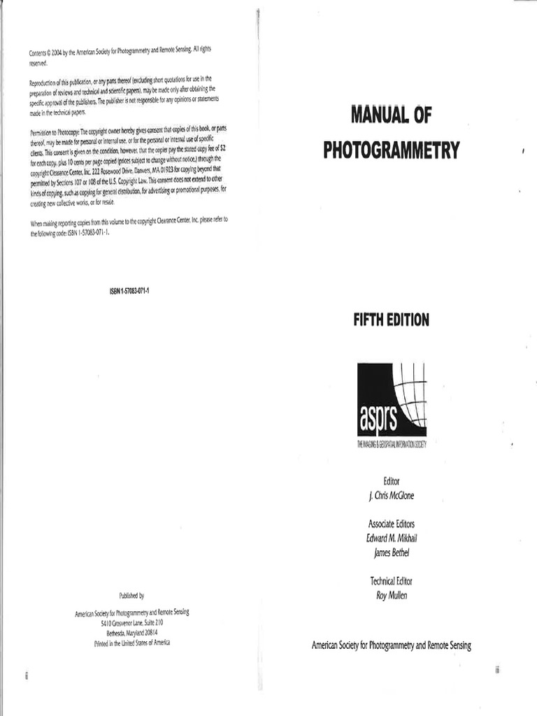 279 - Manual of Photogrammetry, 4th Edition, Table of Contents | PDF