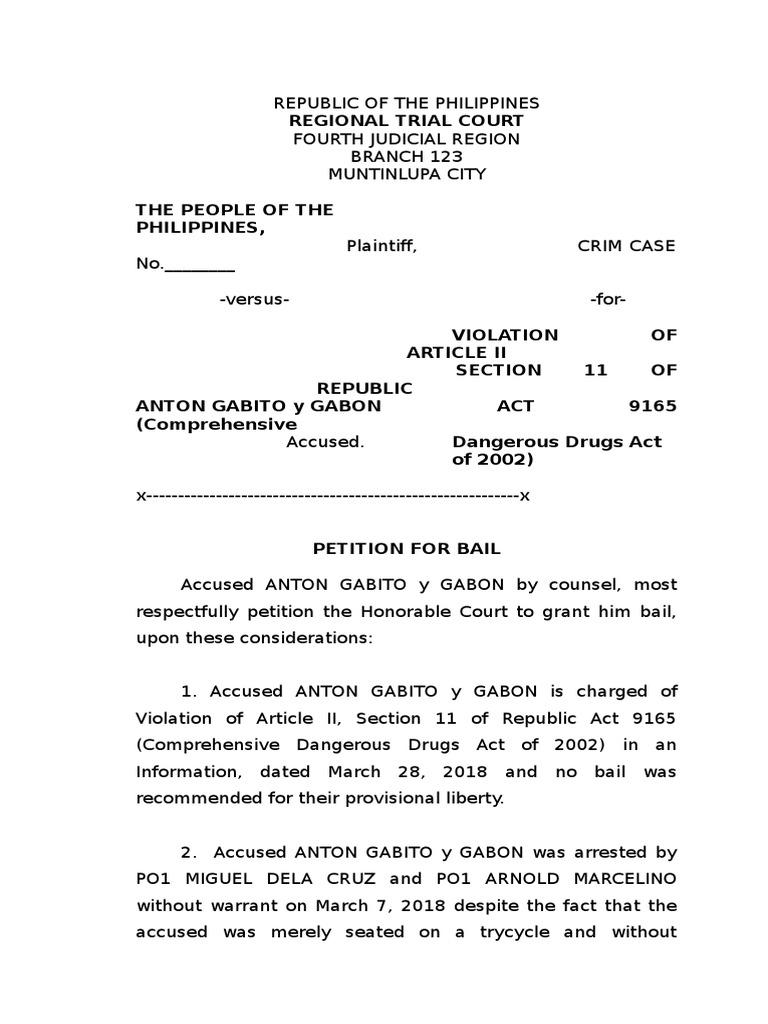 Petition For Bail | PDF | Bail | Arrest