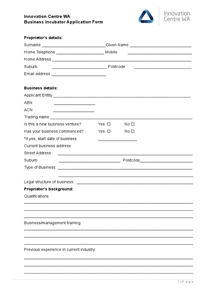 ICWA Business Incubator Application Form | PDF | Business Incubator ...