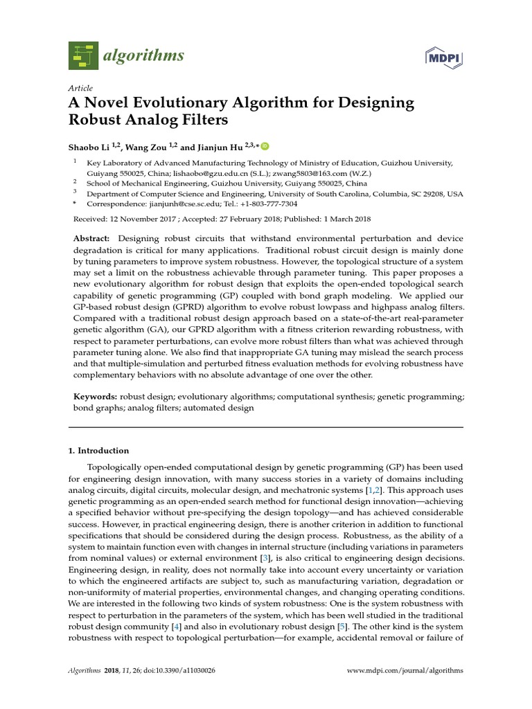 Algorithms: A Novel Evolutionary Algorithm For Designing Robust Analog Filters | PDF | Robust ...