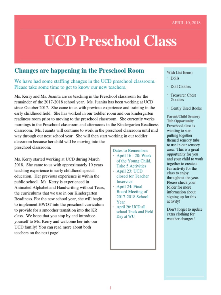 April Preschool Newsletter | PDF | Preschool | Kindergarten