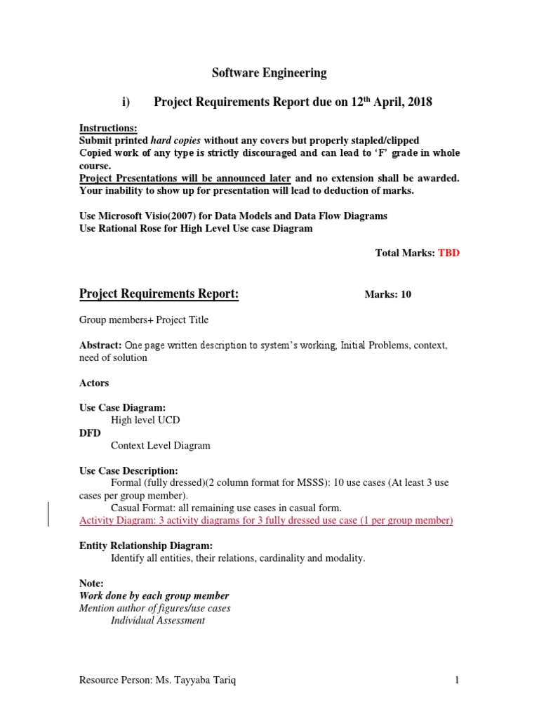 Software Engineering I) Project Requirements Report Due On 12 April ...