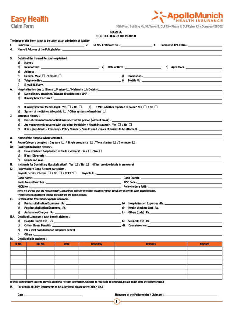Easy Health Insurance Claim Form PDF | PDF | Invoice | Receipt