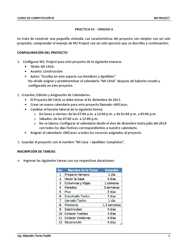 Practica 01 Unidad II MS Project | PDF | Calendario | Naturaleza