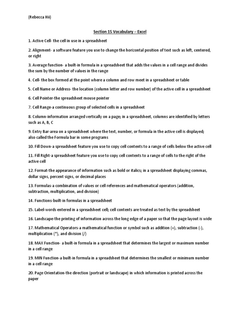 Excel Vocabulary and Functions Guide | PDF | Spreadsheet | Microsoft Excel