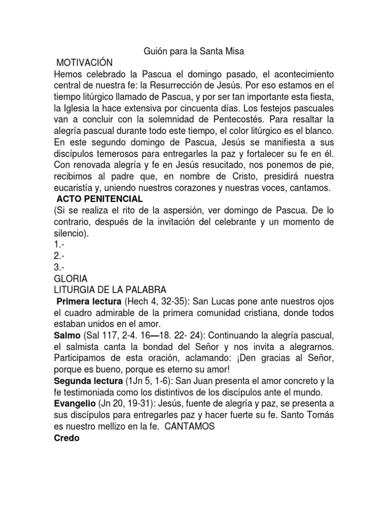 Guión para La Santa Misa | PDF | Misa (liturgia) | Pascua de Resurrección
