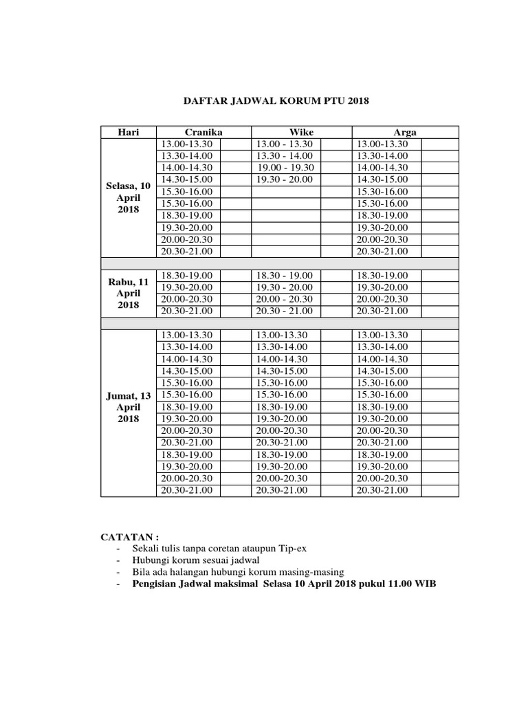 Daftar Jadwal Korum Ptu 2018 | PDF