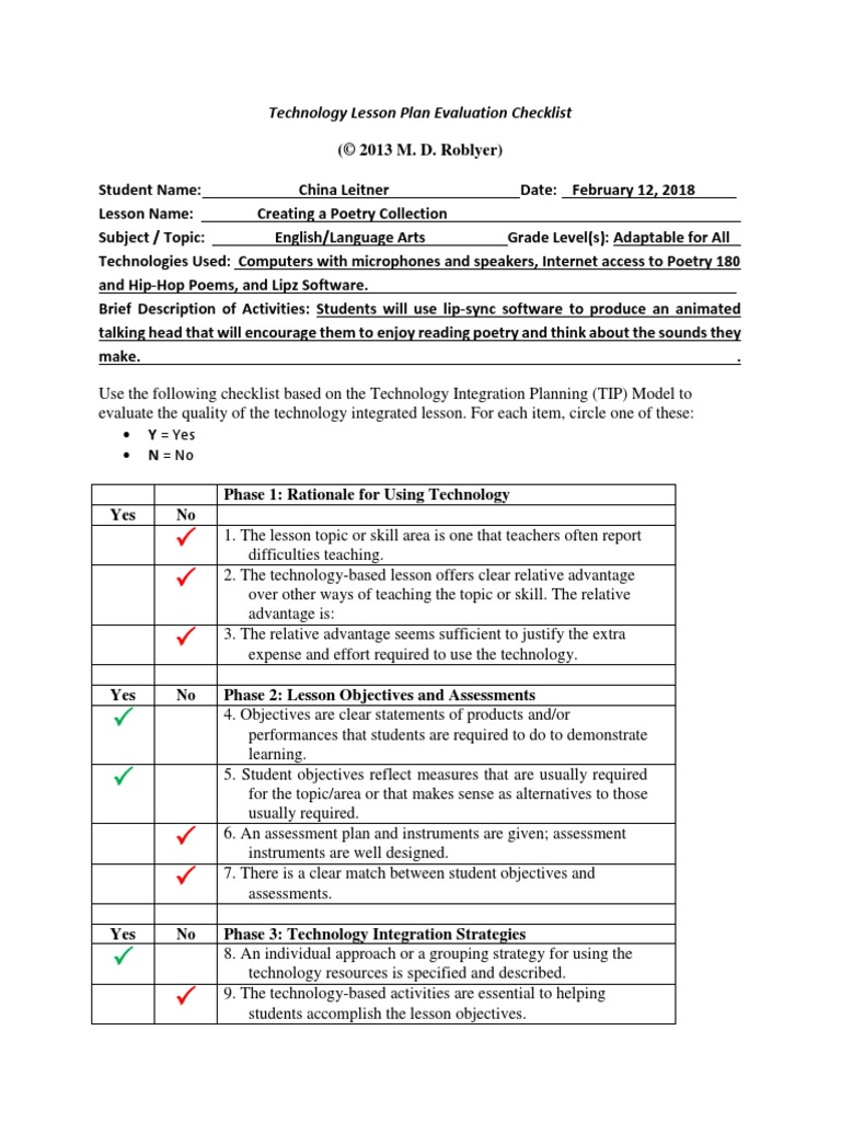 Updated Technology Lesson Plan Evaluation Checklist-1 | PDF | Educational Assessment | Lesson Plan