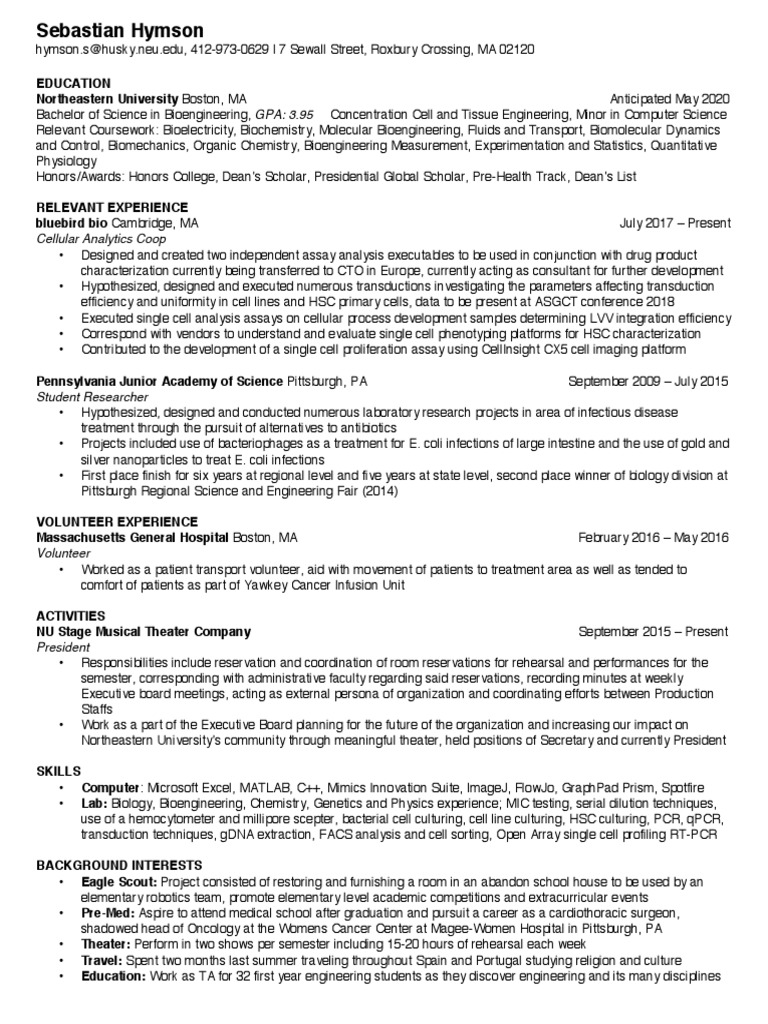 Sebastian Hymson Resume | PDF | Assay | Biological Engineering