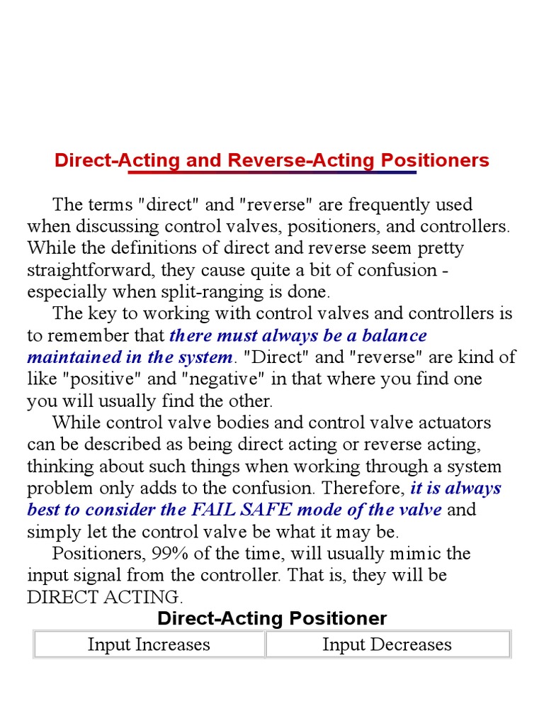 Direct vs. Reverse Acting Positioners | PDF | Valve | Electrical Engineering