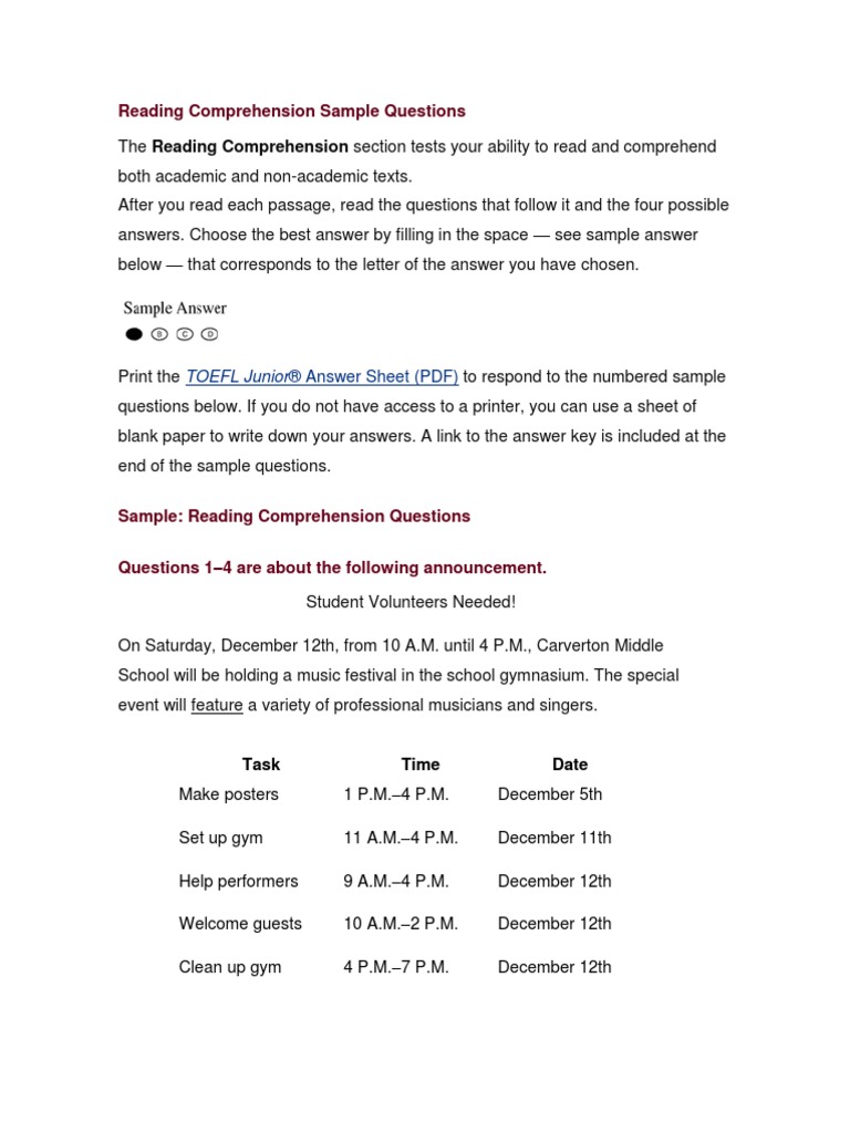 Reading Comprehension Sample Questions | PDF | Reading Comprehension