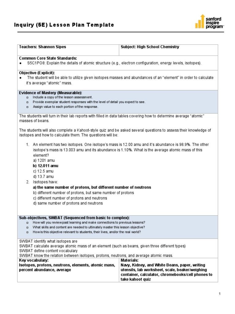 Inquiry Based Lesson Plan Template 0 | PDF | Isotope | Proton