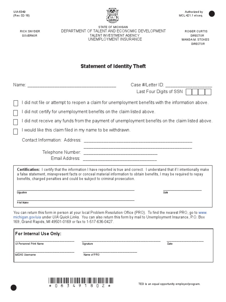 Statement of Identity Theft | Identity Theft | Unemployment Benefits