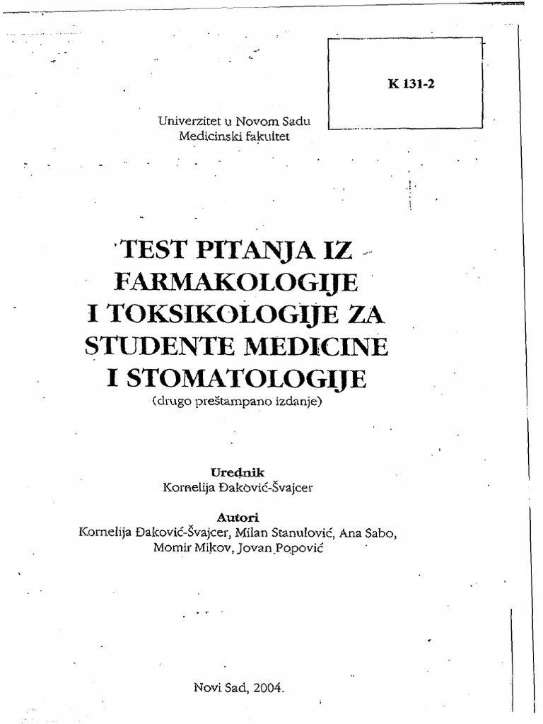 Test Pitanja Iz Farmakologija - Kornelija Đaković-Švajcer - SPARKS | PDF