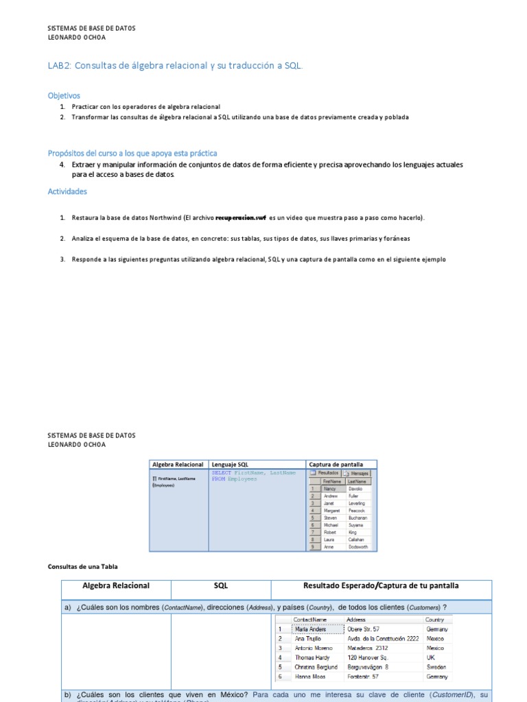Lab 2 Algebra Relacional Northwind - V4 | PDF | Base de datos relacional | SQL