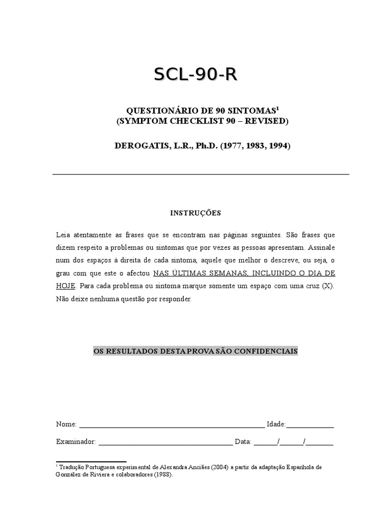 SCL 90 R | PDF | Ansiedade | Psicologia Anormal