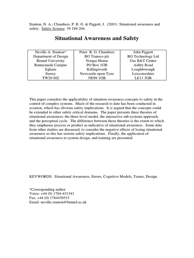 Situational Awareness and Safety | PDF | Situation Awareness | Awareness
