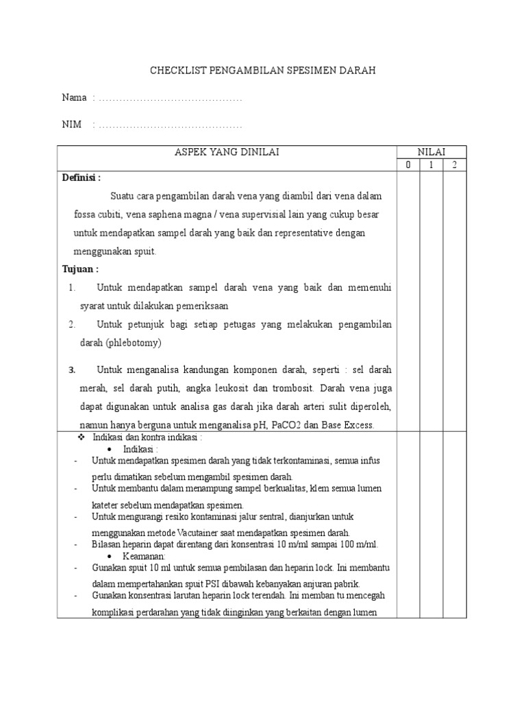 Checklist Pengambilan Spesimen Darah | PDF