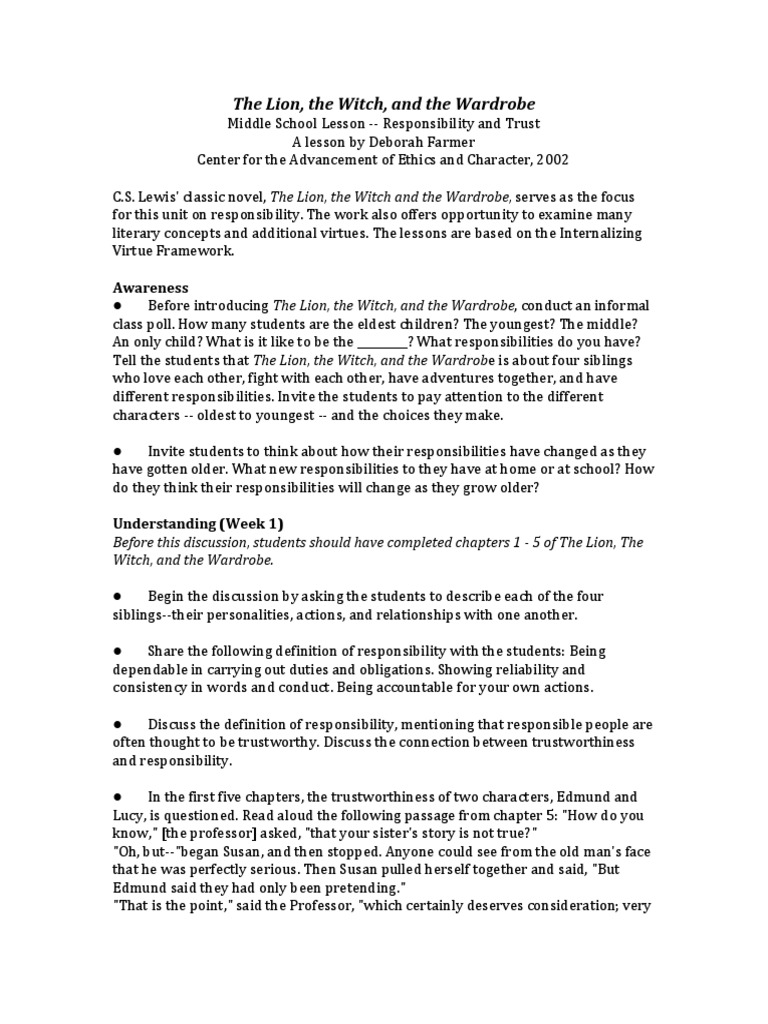 The Lion The Witch and The Wardrobe Lesson Plan PDF | PDF | Aslan | The ...