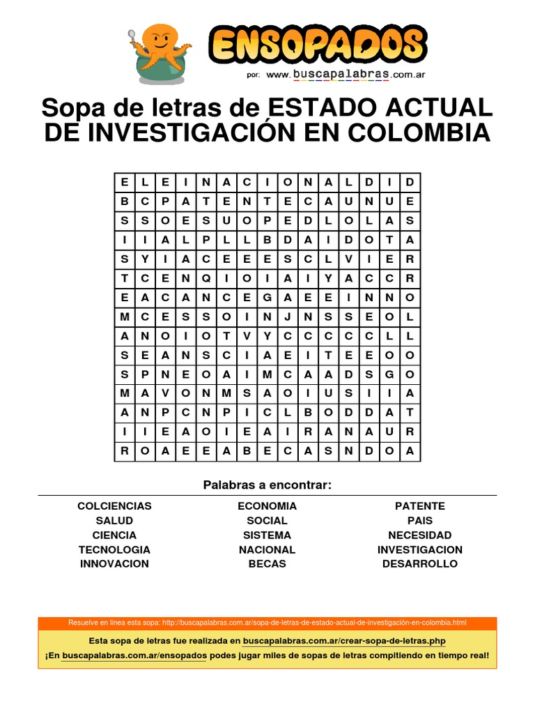 Sopa de Letras de Estado Actual de Investigación en Colombia