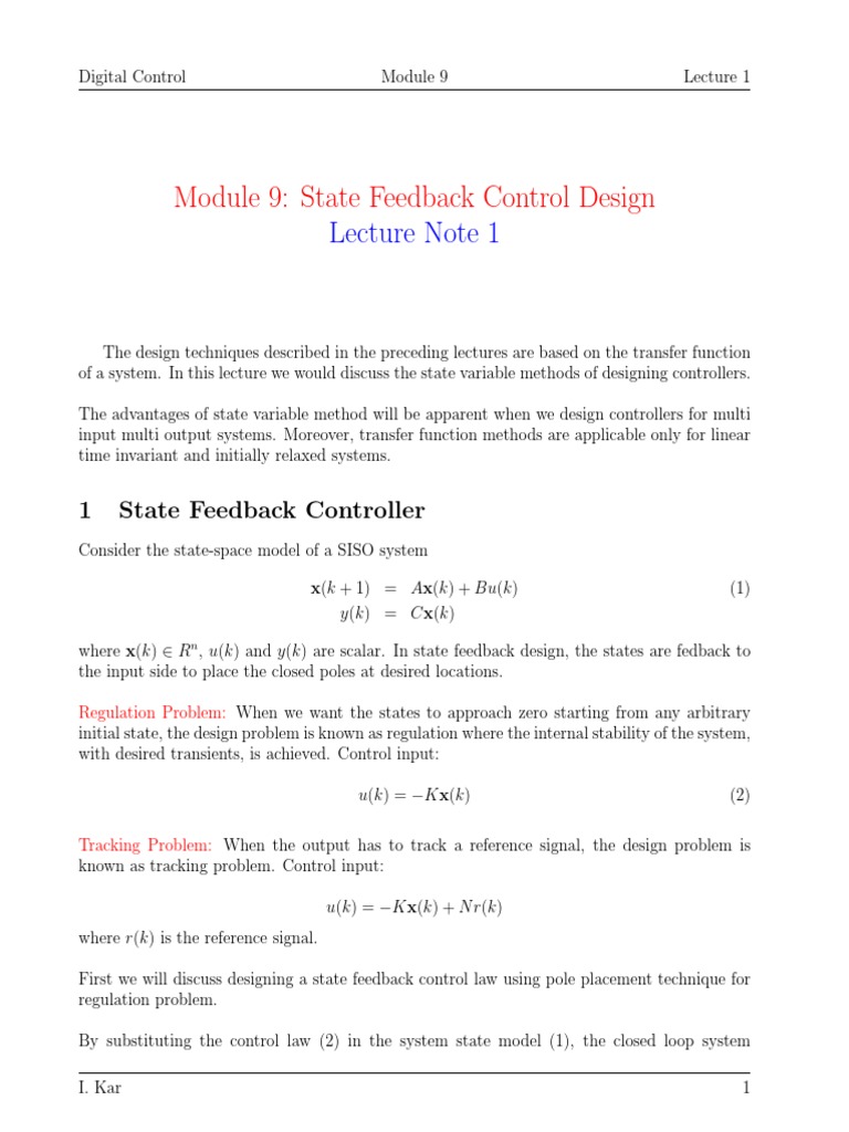 Module 9: State Feedback Control Design: Lecture Note 1 | PDF | Control Theory | Cybernetics
