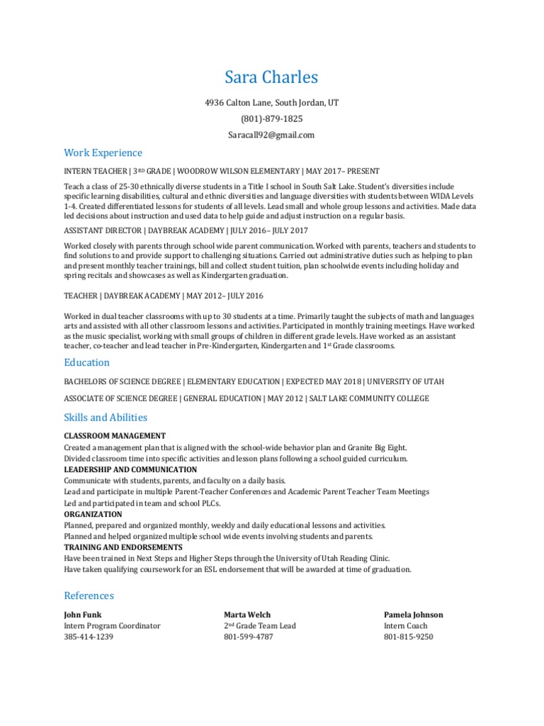 Sara Charles Resume 2018 | PDF | Teachers | Curriculum