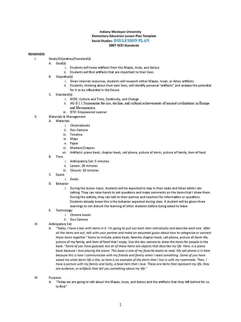 Indiana Wesleyan University Elementary Education Lesson Plan Template ...