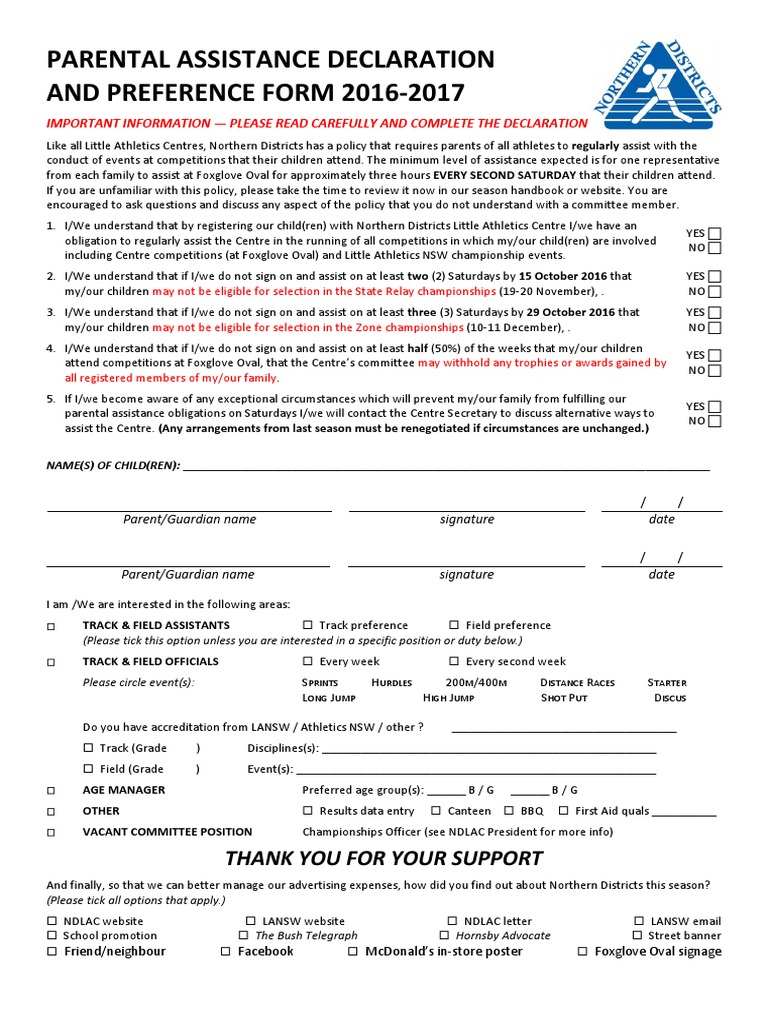 Parental Assistance Declaration and Preference Form 2016-2017 | PDF ...