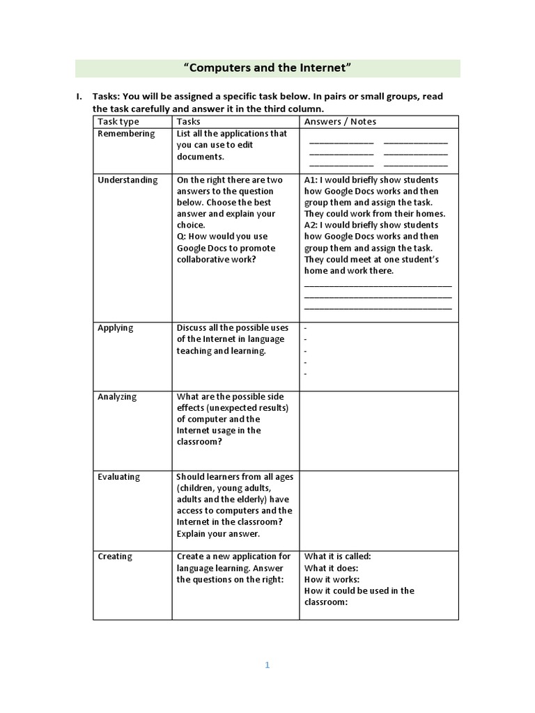 Computers and the Internet: Tasks for Understanding Their Applications ...