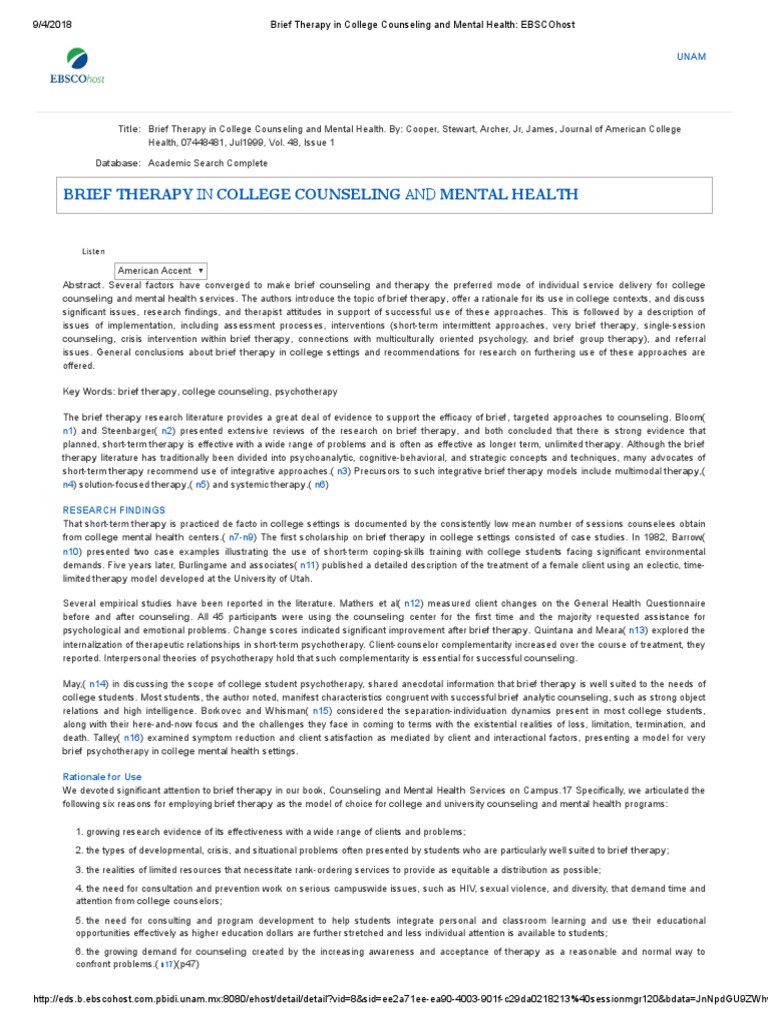 Brief Therapy in College Counseling and Mental Health - EBSCOhost | PDF ...