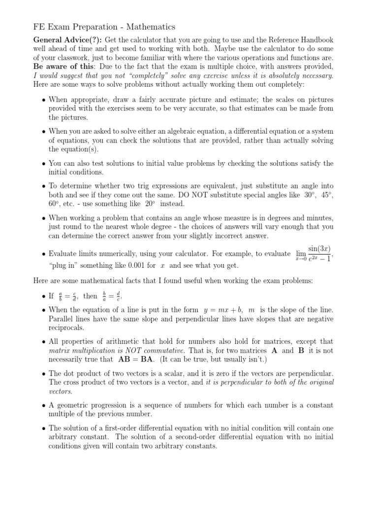 FE Exam Preparation - Mathematics | PDF | Vector Space | Perpendicular