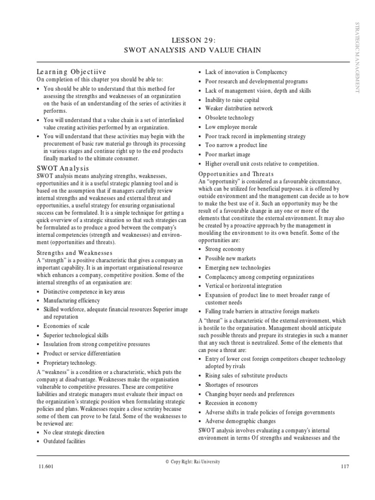 Swot Analysis and Value Chain | PDF | Strategic Management | Competence ...