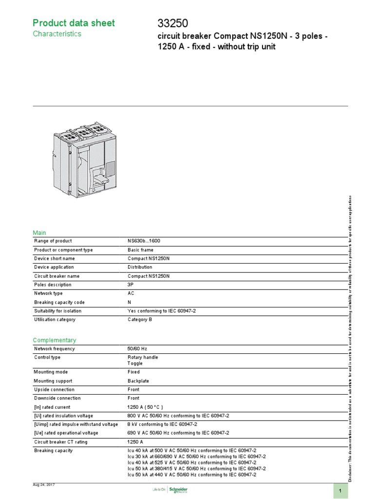 Product Data Sheet: Circuit Breaker Compact NS1250N - 3 Poles - 1250 A ...