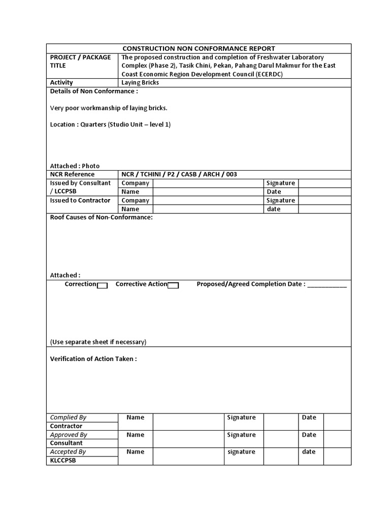 Construction Non Conformance Report | PDF | Business