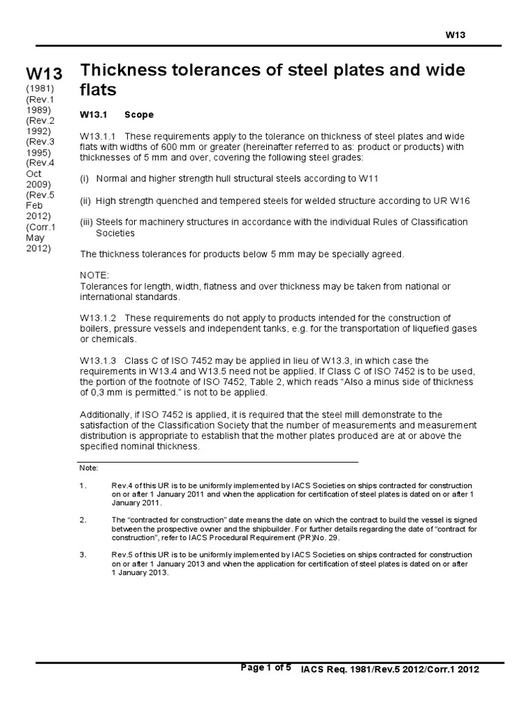 W13 Thickness Tolerances of Steel Plates and Wide Flats W13 | PDF ...