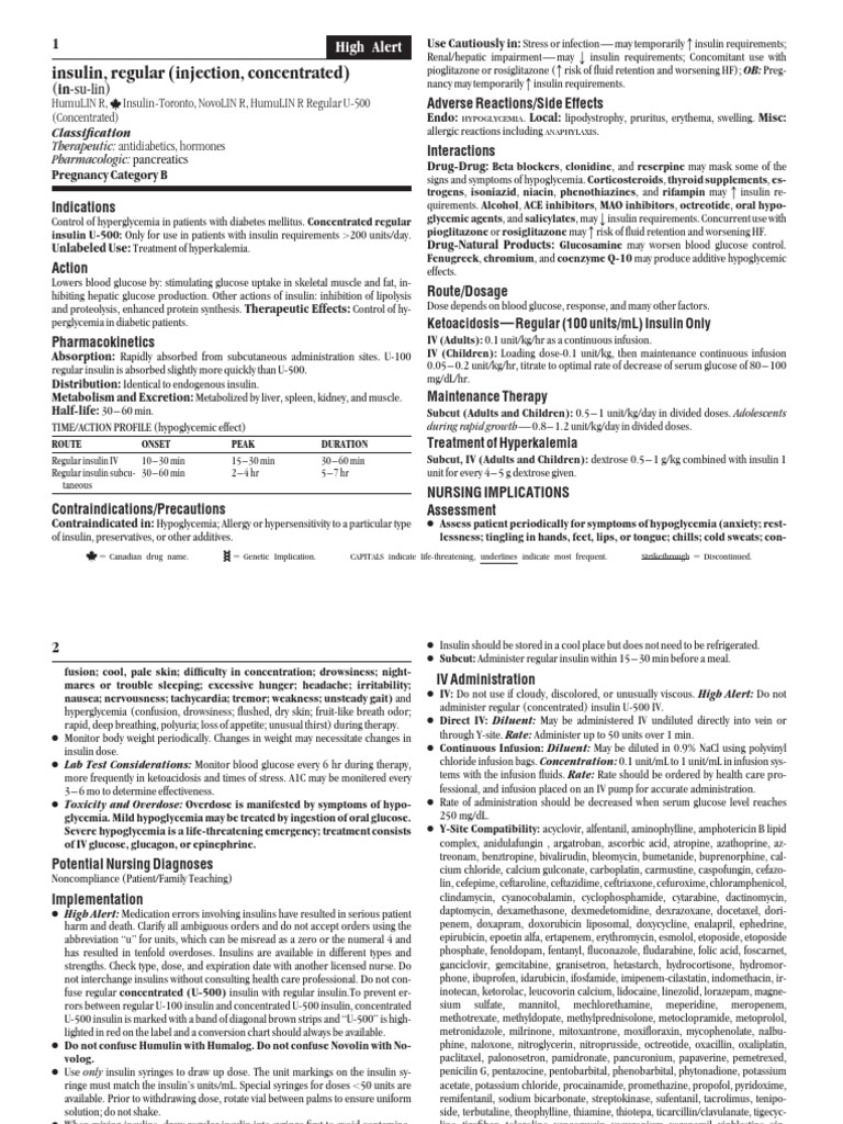 Insulin, Regular (Injection, Concentrated) : (In-Su-Lin) | PDF ...