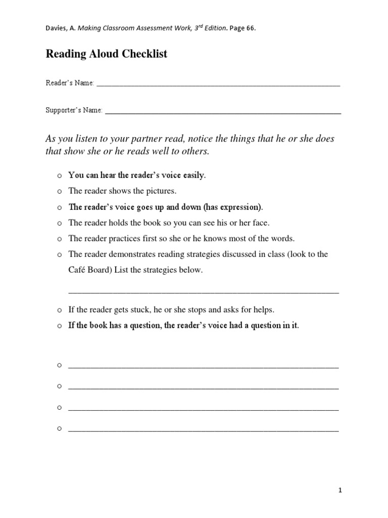 Reading Aloud Checklist | PDF