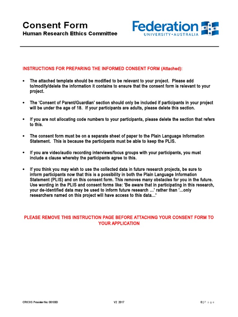 Fed Uni HREC Informed Consent V1 2018 | Download Free PDF | Consent | Data