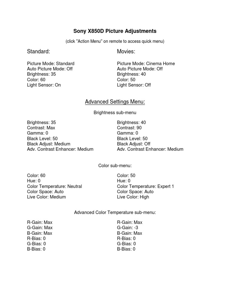 Sony X850D Picture Adjustments | PDF