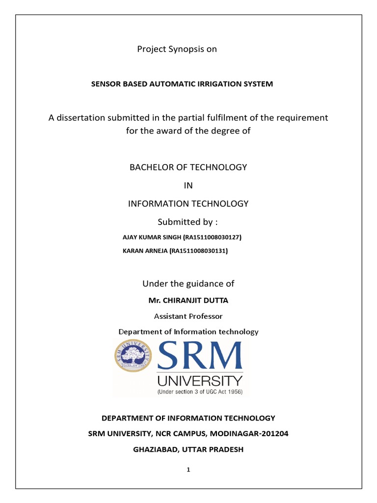 Project Synopsis On: Sensor Based Automatic Irrigation System | PDF | Arduino | Soil