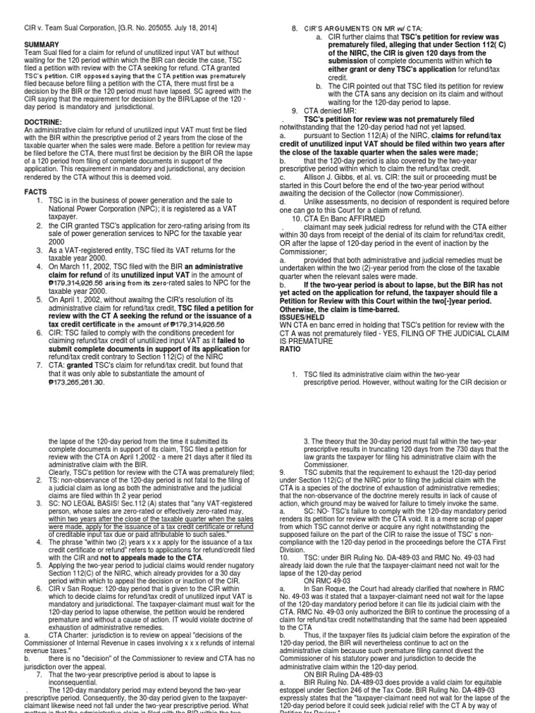 CIR v. TEAM SUAL | PDF | Tax Refund | Tax Credit