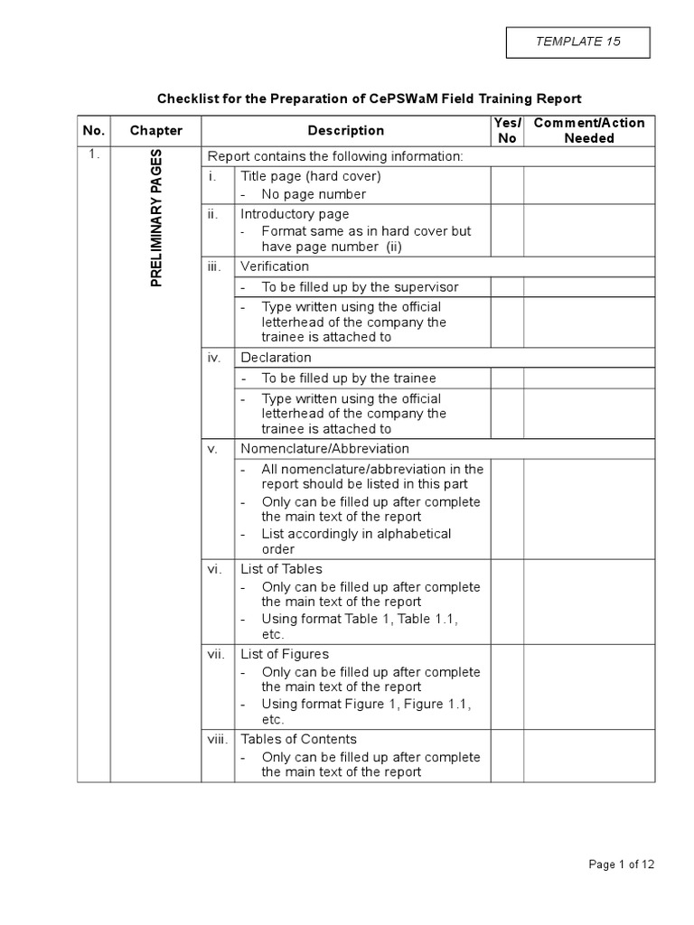 Checklist For The Preparation of Cepswam Field Training Report1 | PDF ...