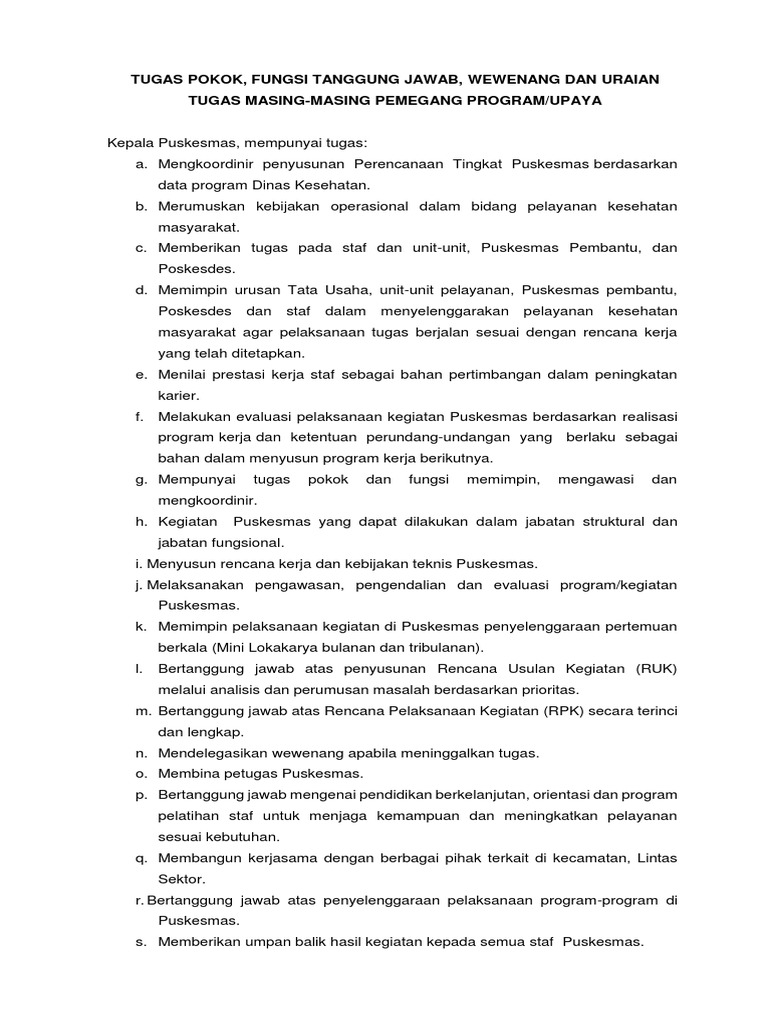 Tugas dan Fungsi Kepala Puskesmas | PDF