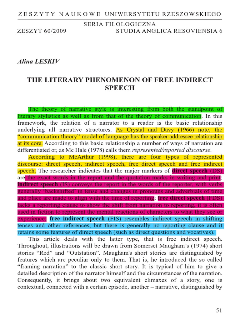 The Literary Phenomenon of Free Indirect Speech: Alina LESKIV | PDF ...