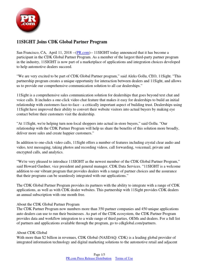 11SIGHT Joins CDK Global Partner Program | PDF | Press Release | Sales