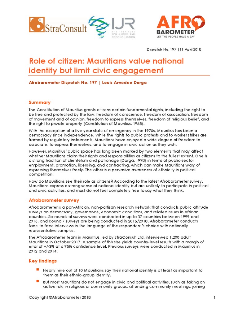 Afrobarometer: Role of Citizen: Mauritians Value National Identity But ...